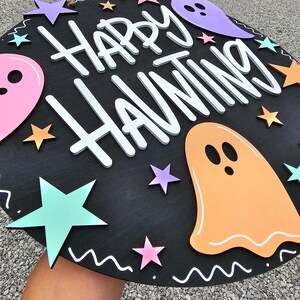 Happy Haunting Pastel Ghost Door Hanger | Retro Halloween Porch Decor ...
