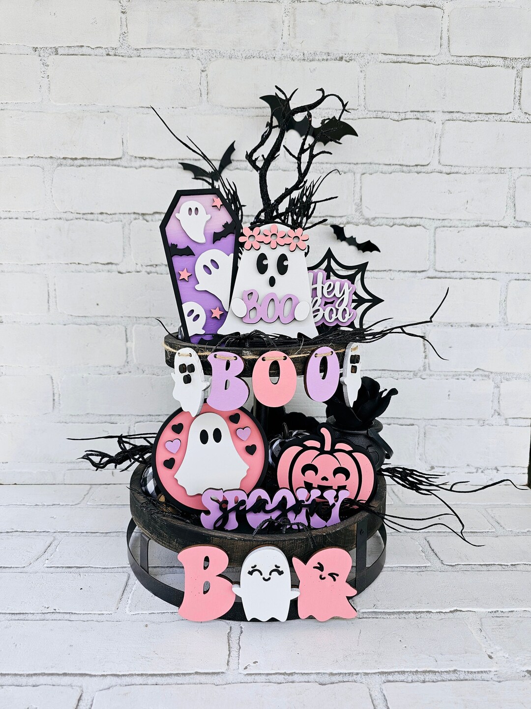 Retro Ghost Tiered Tray Set | Hey Boo Tiered Tray | Spooky Season | Set ...