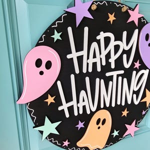 Happy Haunting Pastel Ghost Door Hanger | Retro Halloween Porch Decor ...