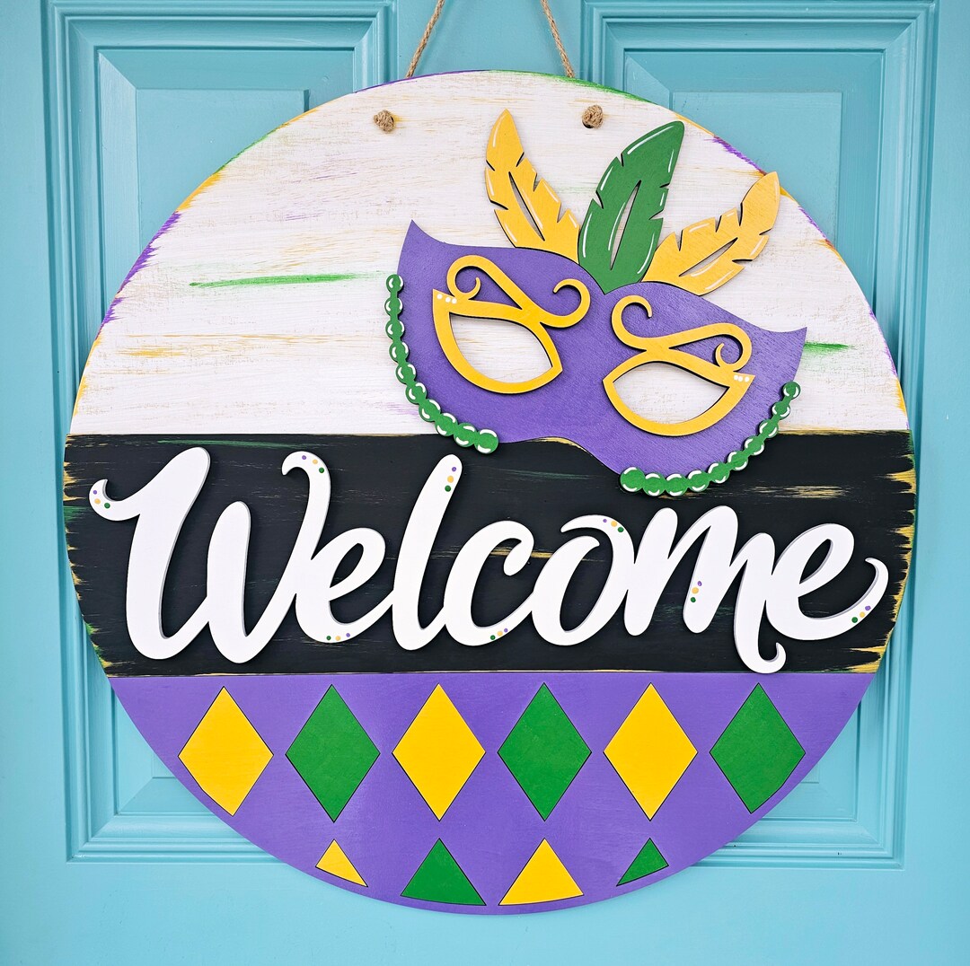 Welcome Mardi Gras Mask Door Hanger | New Orleans Door Hanger | Fat ...