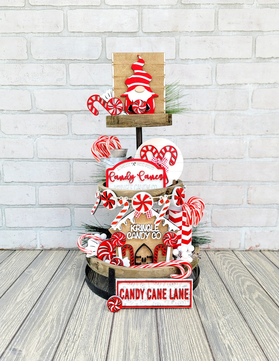 Candy Cane Christmas Tiered Tray Set | Candy Cane Gnome| Candy Cane ...