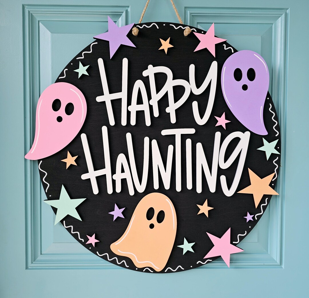 Happy Haunting Pastel Ghost Door Hanger | Retro Halloween Porch Decor ...