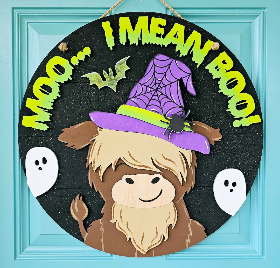 Moo I Mean Boo Door Hanger | Halloween Highland Cow Porch Decor | DIY ...