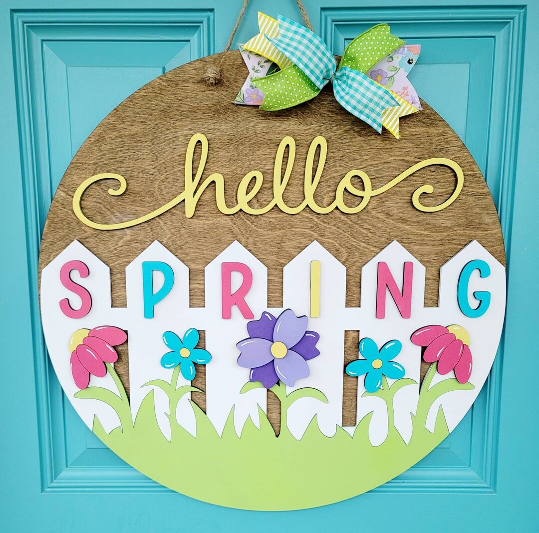 Hello Spring Wood Door Hanger | Flower Fence Porch Decor - Etsy
