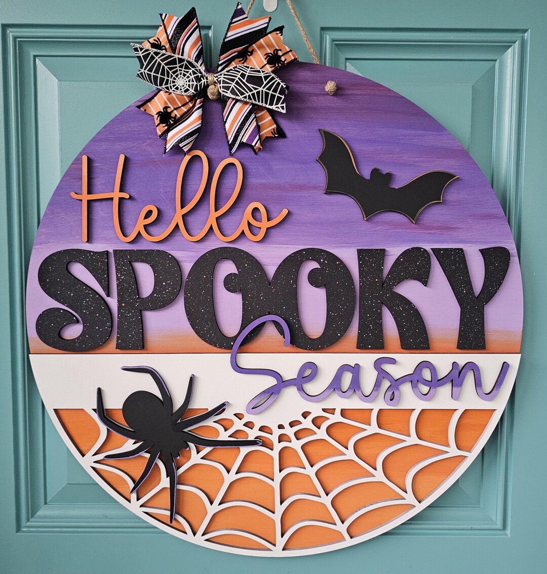 Hello Spooky Season Door Hanger | Halloween Spider & Bat Wood Decor - Etsy