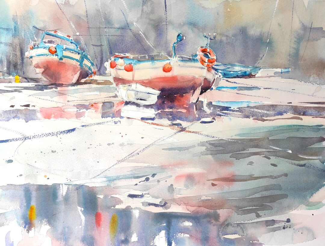 Lynmouth Harbour Watercolor Painting, Devon Coast Fishing Boats, Signed ...