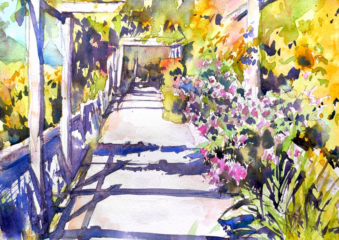 English Garden Pergola Watercolour Art Print, Floral Walkway, Rainbow ...