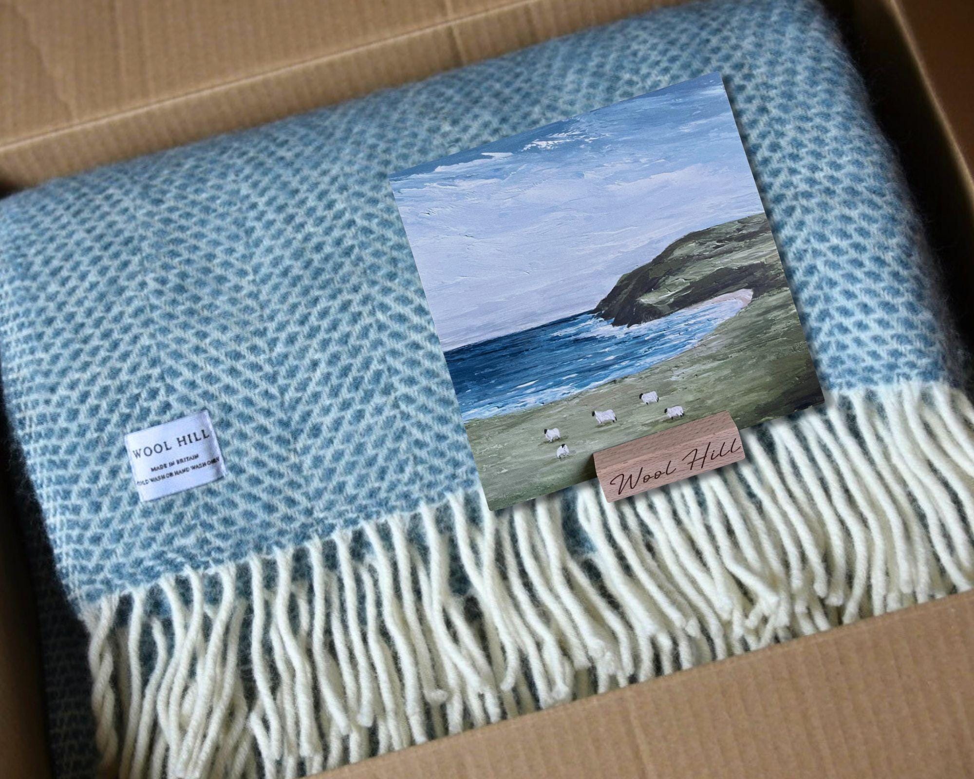 Sea Blue Wool Throw Gift Set: British Blanket With Art Print in Box - Etsy