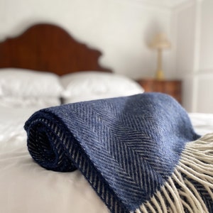 Olive Green Fishbone Pure New Wool Throw Navy British Blanket Made in ...