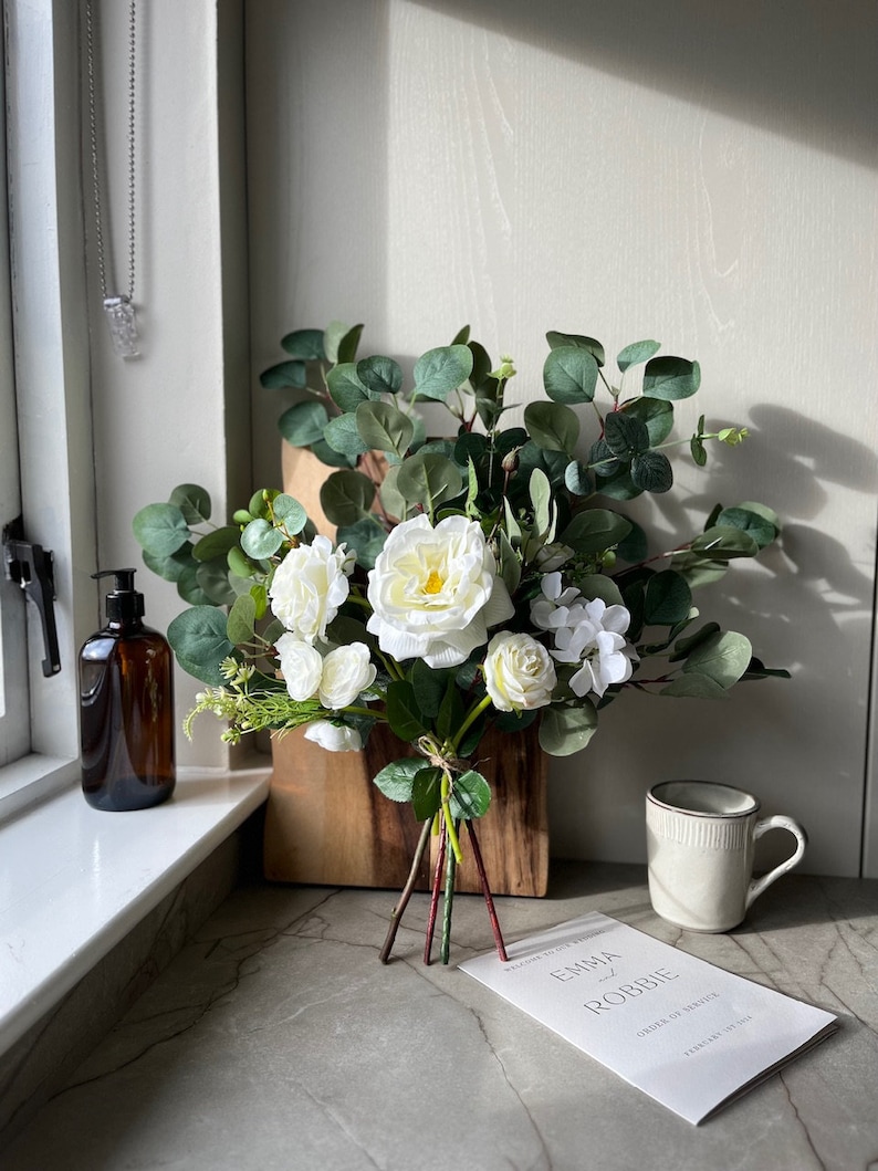Handmade Hydrangea & Rose Bouquet: Faux Eucalyptus Arrangement - Etsy