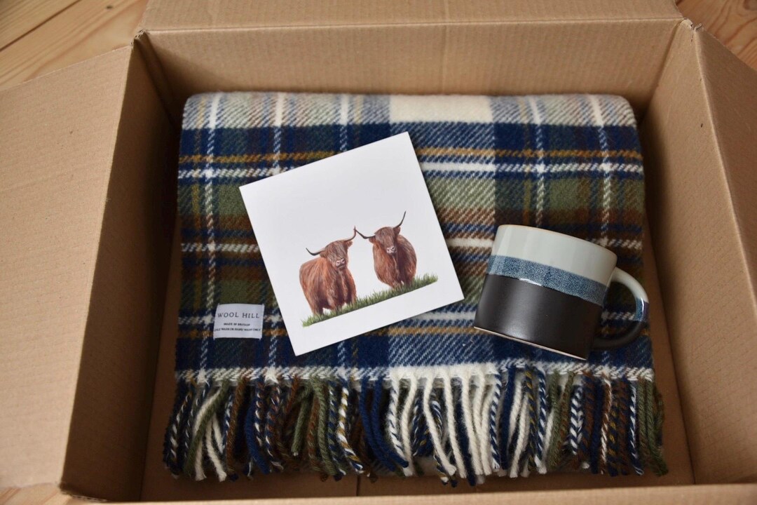 Lochside Luxe Gift Box: Tartan Wool Throw, Highland Cow Print, Artisan Mug - Etsy