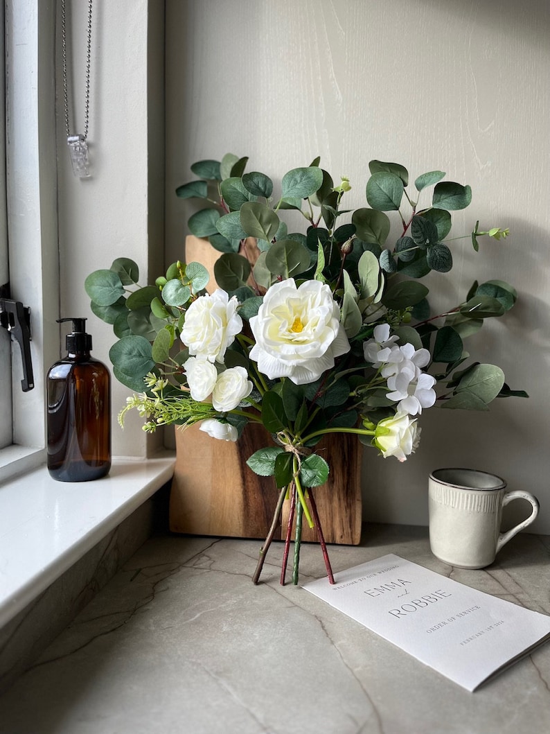 Handmade Hydrangea & Rose Bouquet: Faux Eucalyptus Arrangement - Etsy