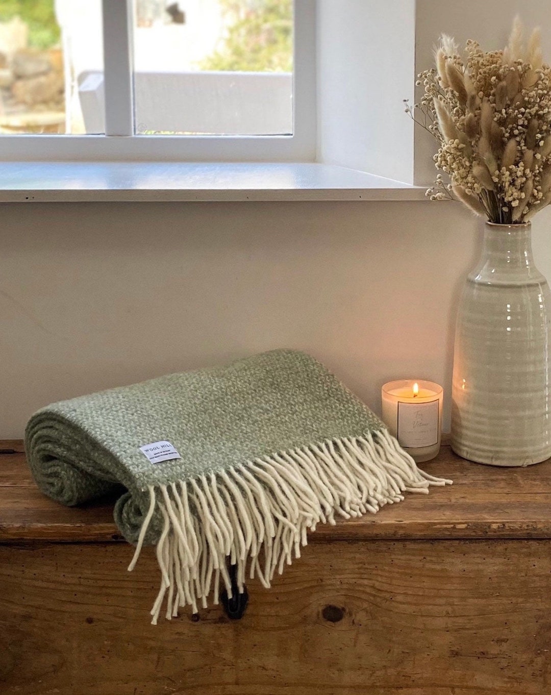 Green and Cream Pure New Wool Throw, Sage, Country Made in the UK ...