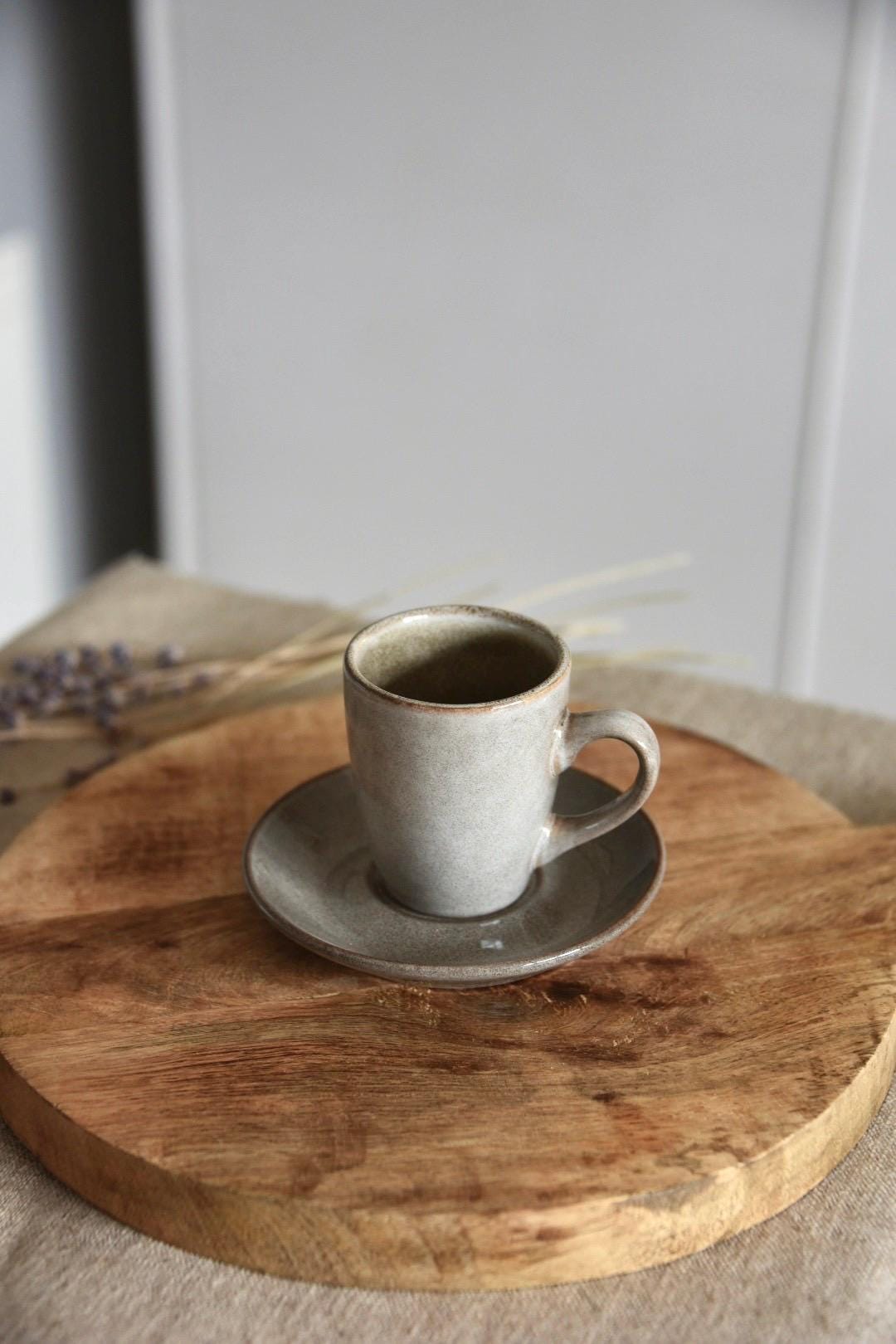 Beige Reactive Espresso Mug and Saucer Grey Cream Tones Glaze Small Mug ...