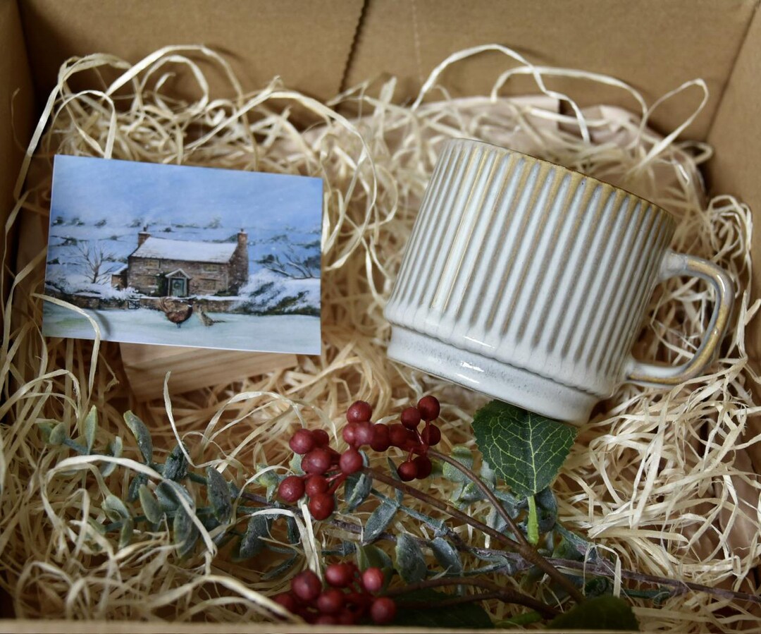 Handmade Winter Mug Gift Set With Art Print and Posy of Eucalyptus and ...