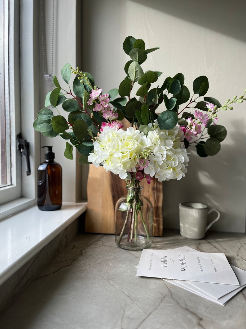 Handmade Hydrangea & Rose Bouquet: Faux Eucalyptus Arrangement - Etsy