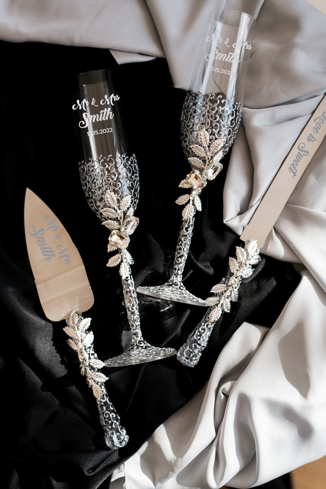 Silver Wedding Glasses and Cake Cutting Set, Personalized Champagne ...