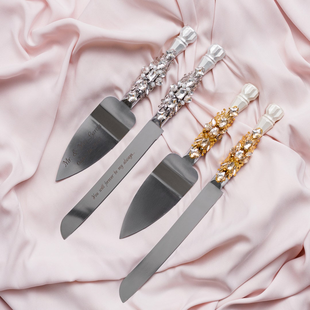 Silver or Gold Wedding Cake Server Set Personalized Cake Cutter Set ...
