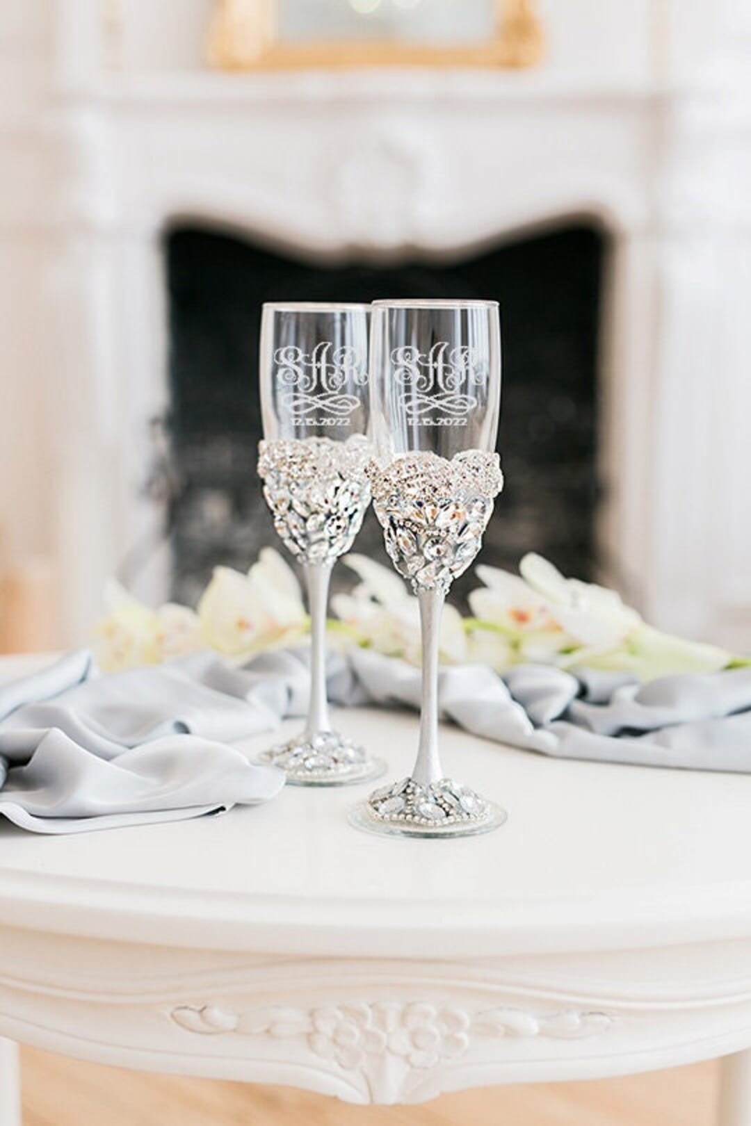 Personalized Silver Wedding Glasses and Cake Service Set - Etsy