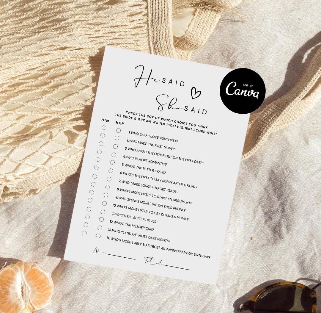 He Said She Said Games, He Said She Said Bridal Shower Game, Engagement ...