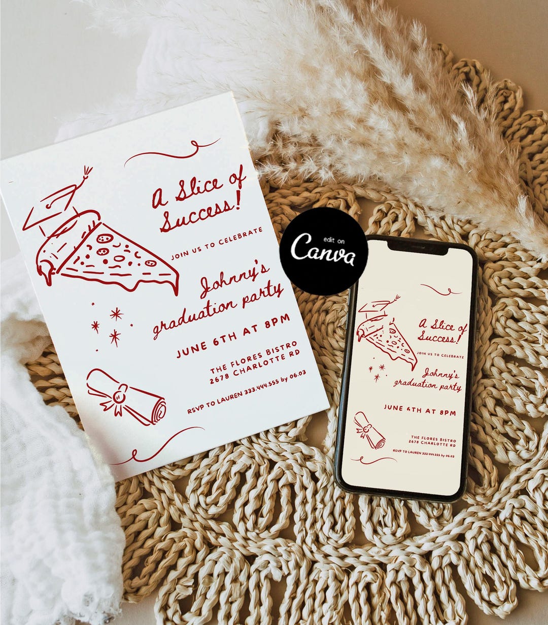 Graduation Pizza Party Invitation, Doodle Graduation Invitation Canva ...
