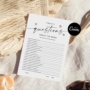 20 Questions About the Bride Game, Minimalist Bridal Trivia Game Card ...