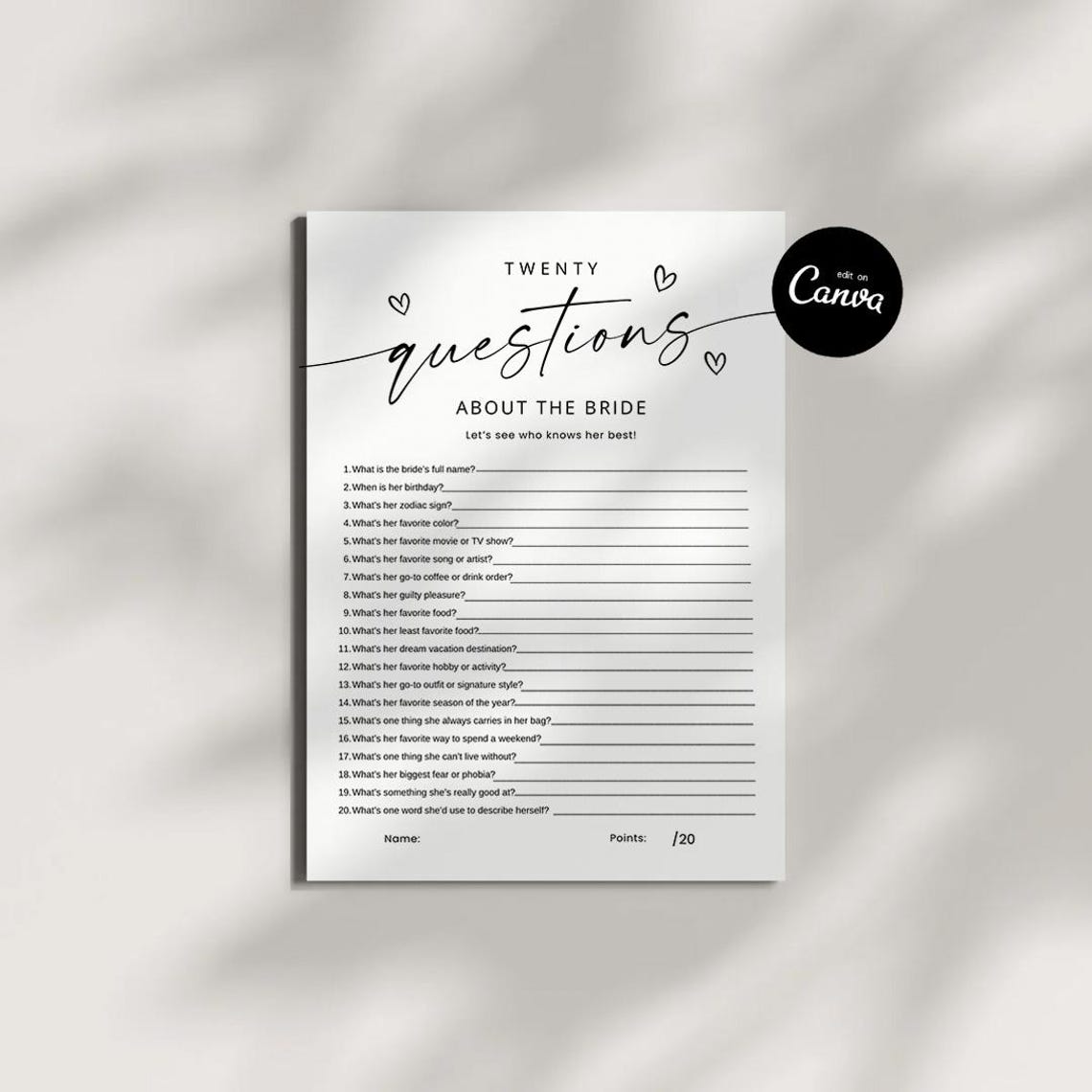 20 Questions About the Bride Game, Minimalist Bridal Trivia Game Card ...
