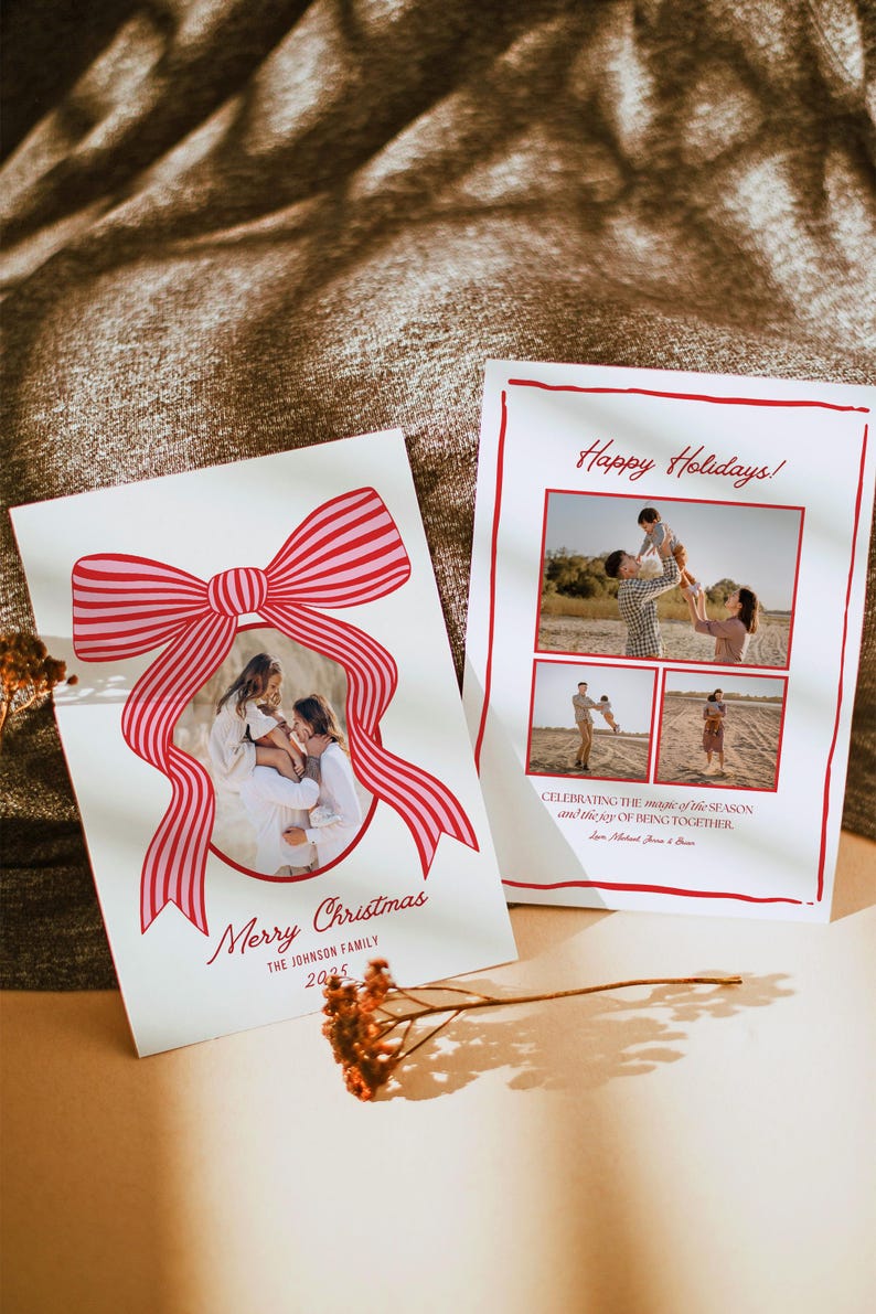 Editable Holiday Photo Card Template, Christmas Bow Family Photo Card ...