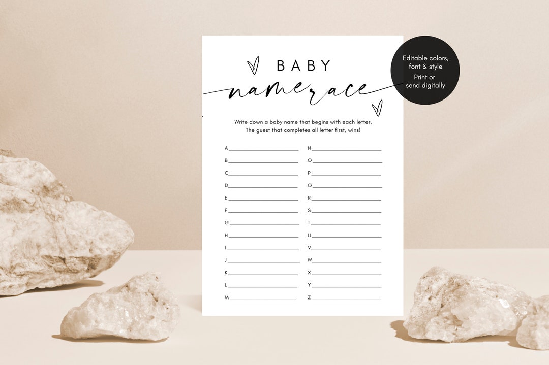 Baby Name Race Game, Alphabet Baby Name Game, Minimalist Baby A-Z Name ...