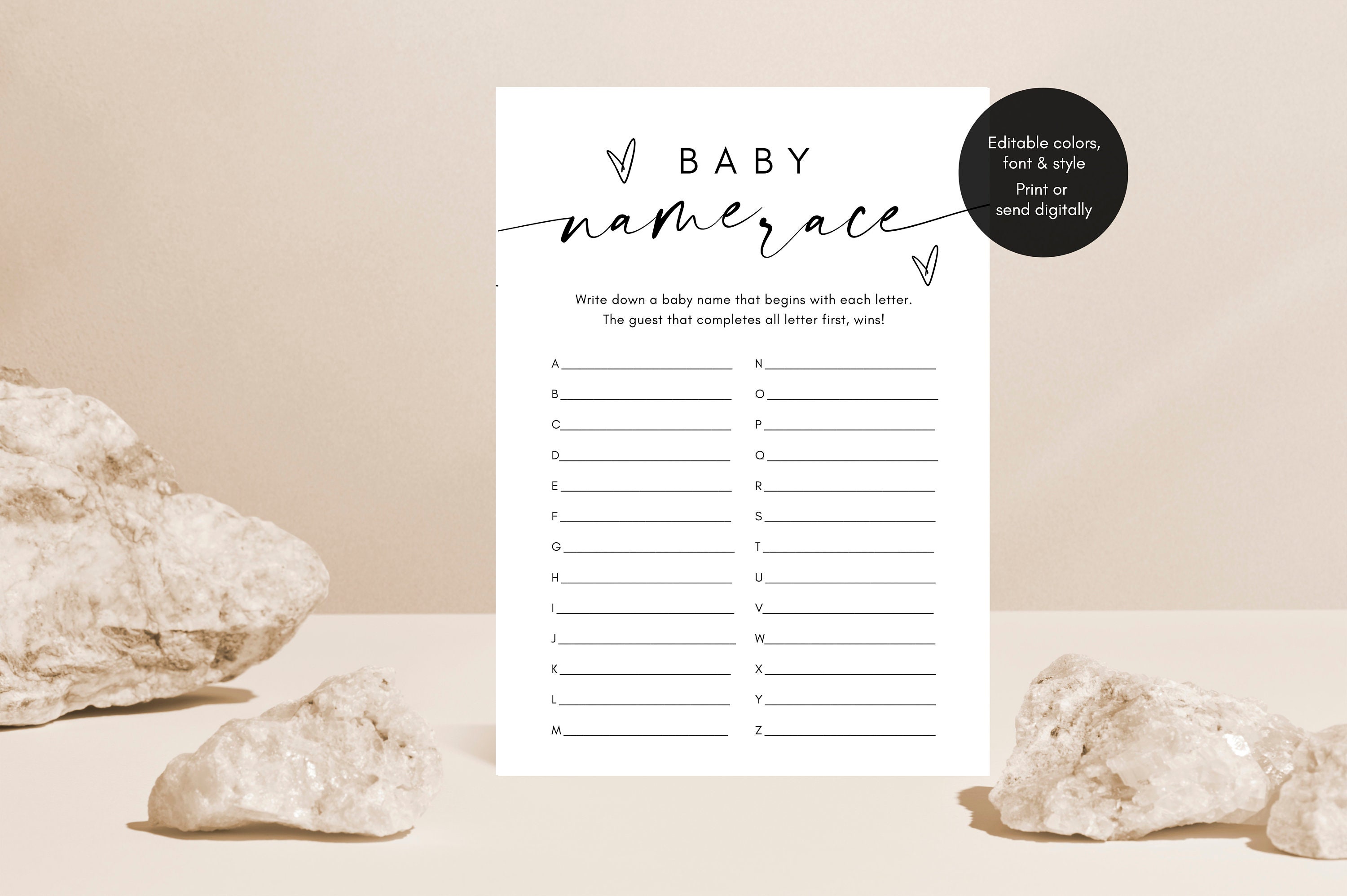 Baby Name Race Game, Alphabet Baby Name Game, Minimalist Baby A-Z Name ...