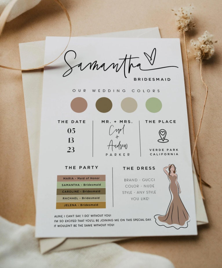 Bridesmaid Info Card Template Modern Bridal Party Info Card - Etsy