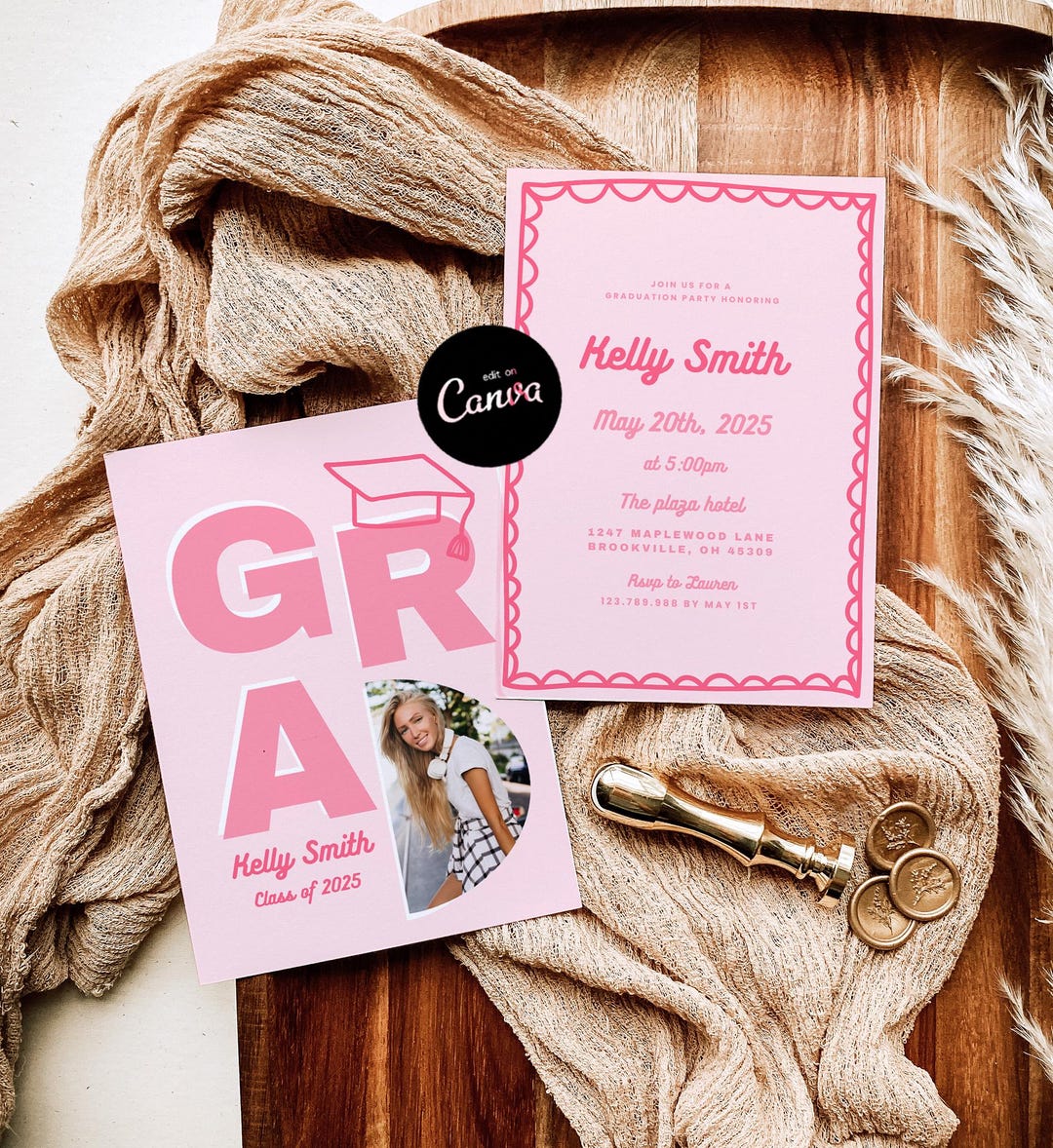 Pink Bow Graduation Invitation, Grad Canva Template, Editable Girly ...