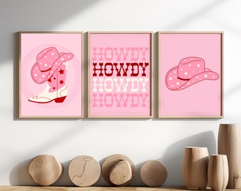 Howdy Set of 3 Pink Western Prints, Printable Wall Art, Cowgirl Boots ...