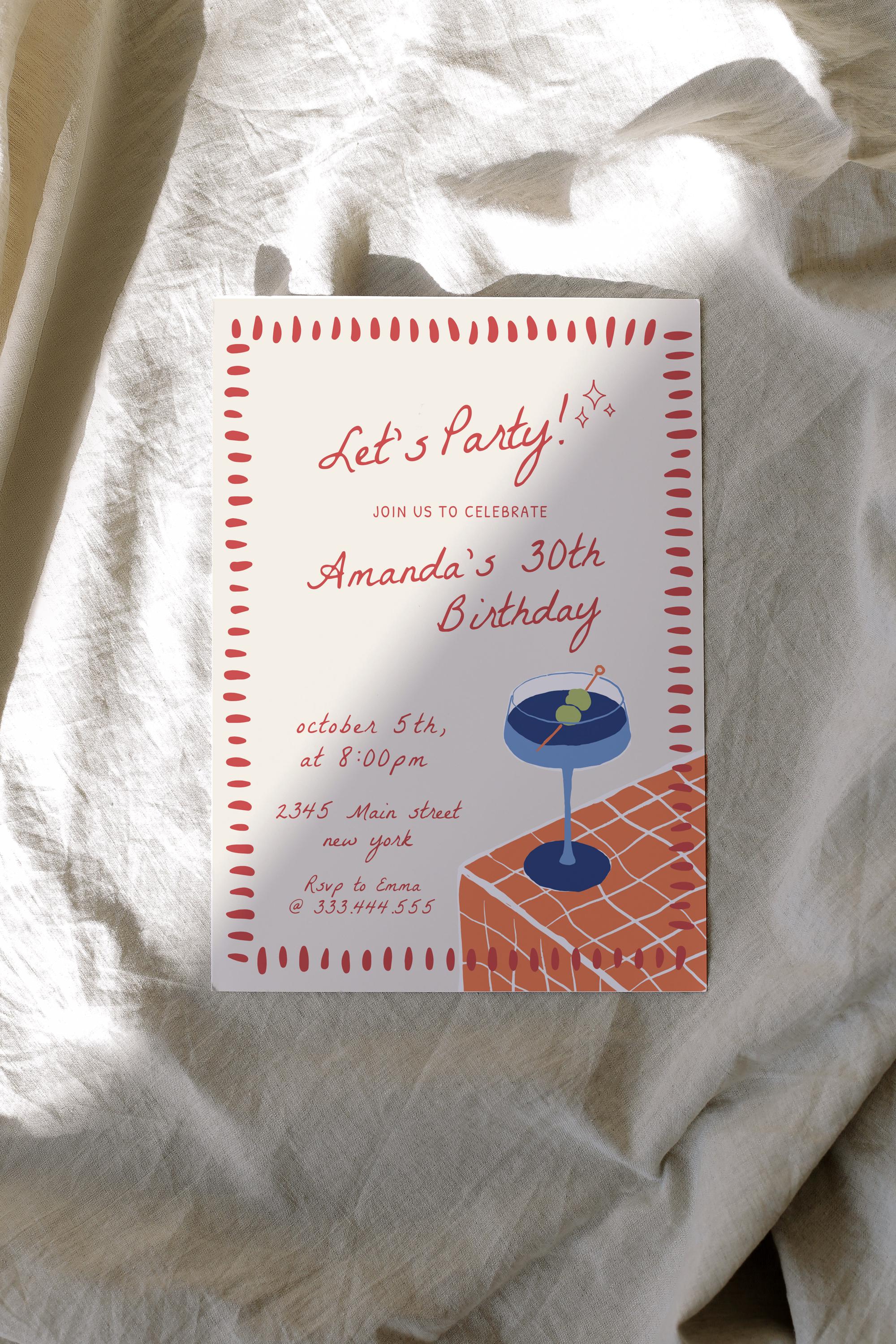 Hand Drawn Birthday Invitation Template, Hand Drawn Martini Birthday ...
