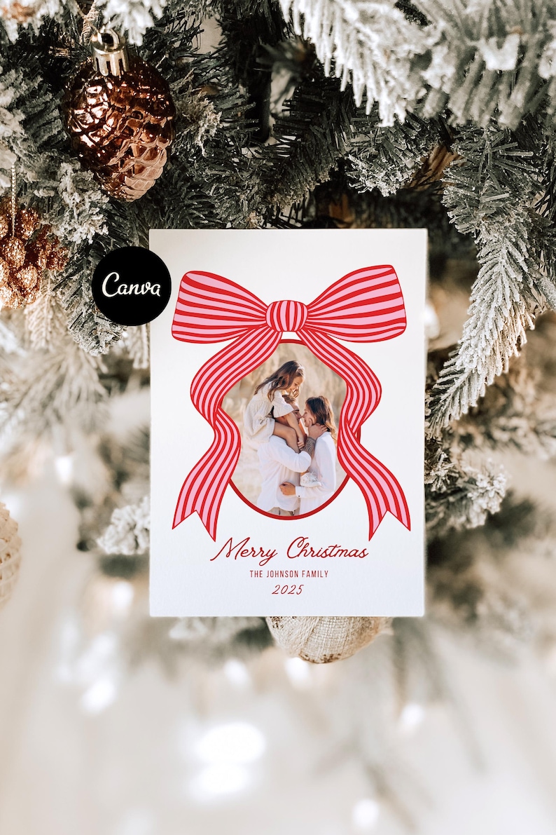 Editable Holiday Photo Card Template, Christmas Bow Family Photo Card ...