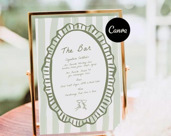 Classic Wedding Bar Menu Template, Watercolor Green Stripes, Wedding ...