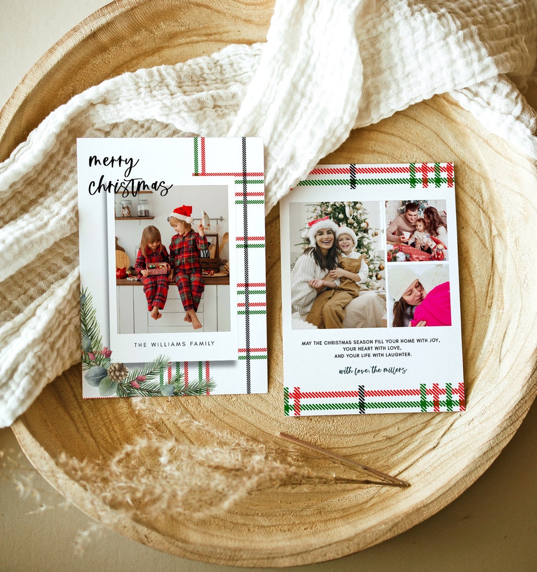 Plaid Christmas Photo Card Template, Greenery Watercolor Christmas Card ...