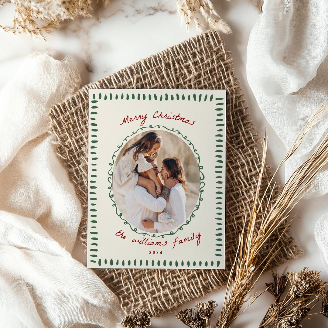 Whimsical Christmas Card, Green Holiday Card Template, Minimalist ...