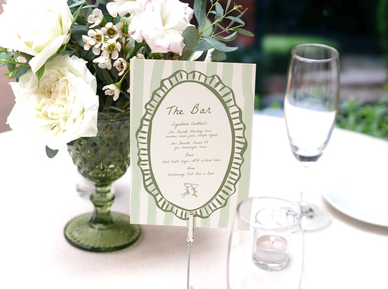 Classic Wedding Bar Menu Template, Watercolor Green Stripes, Wedding ...