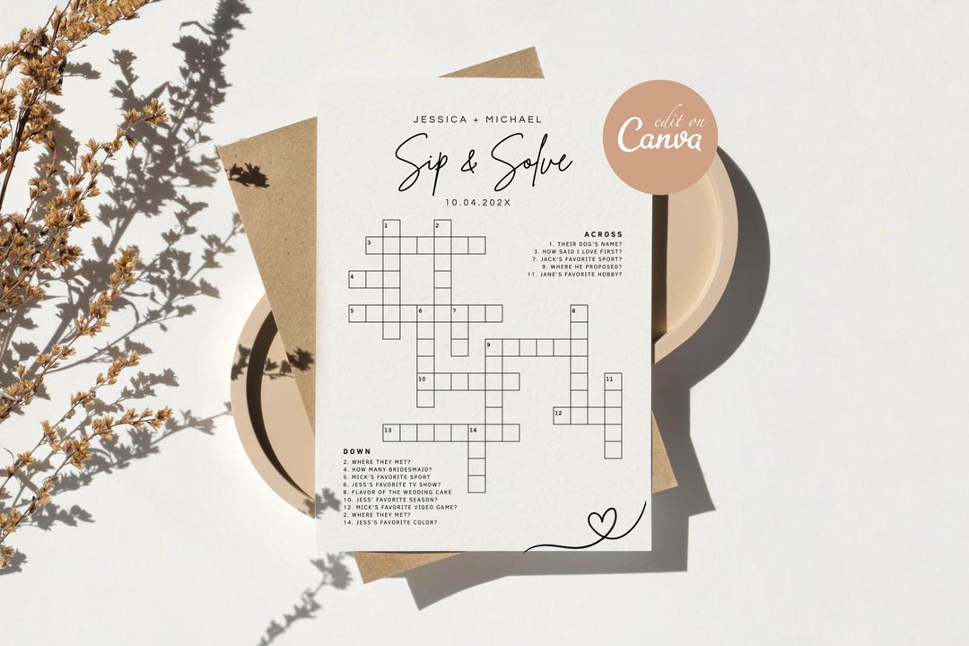 Wedding Crossword Puzzle Sip and Solve Crossword Puzzle Wedding ...