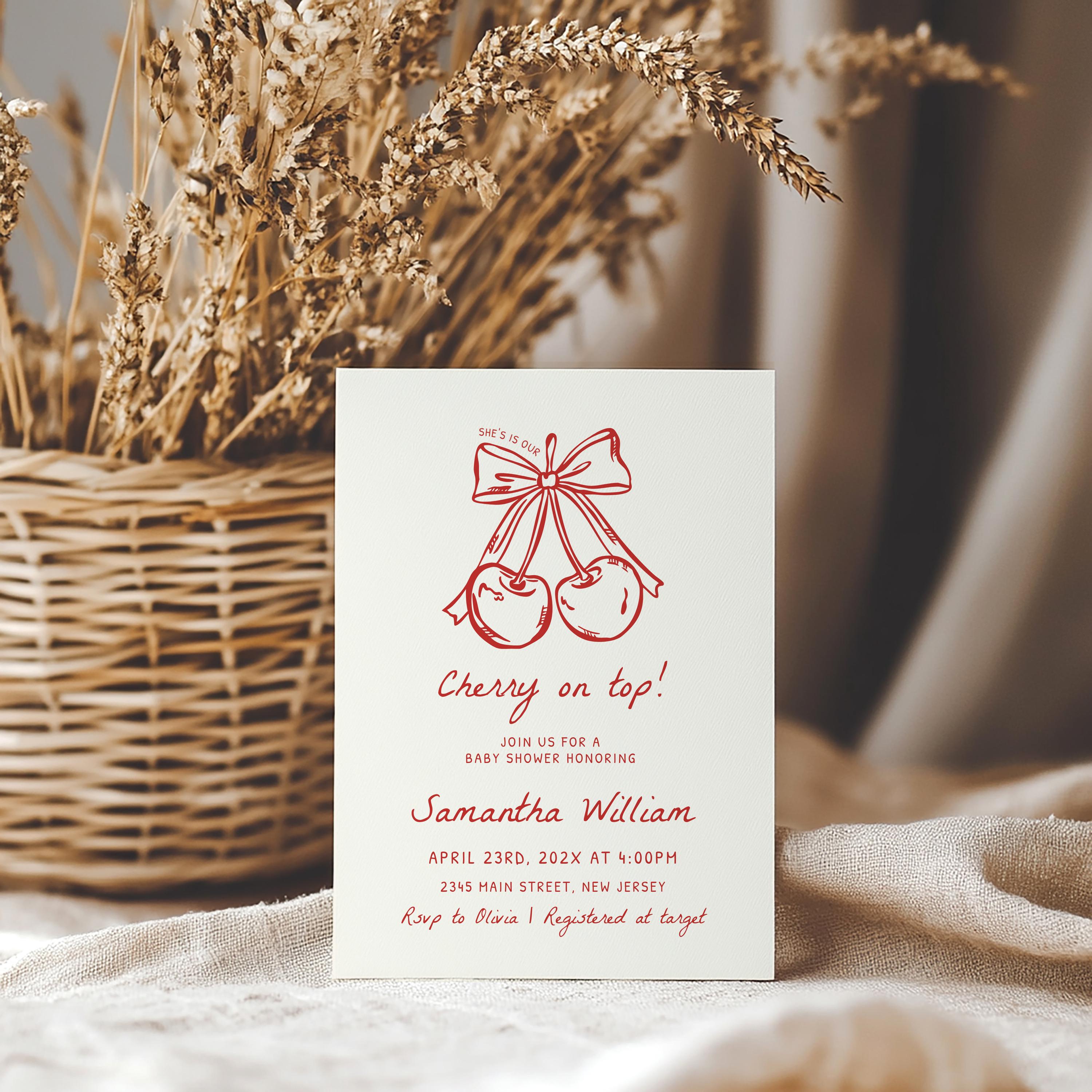 Editable Cherry on Top Baby Shower Invitation Template, Hand Drawn ...