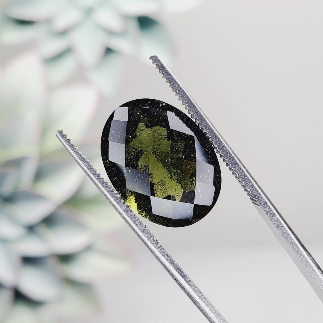 7.60ct Natural Moldavite/tektite 16x12mm Oval Checkerboard Cut Loose ...
