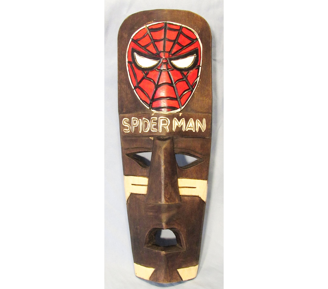 Vtg RARE Unique Wood Spiderman Totem Hand Carved 13" Face Mask Spider ...