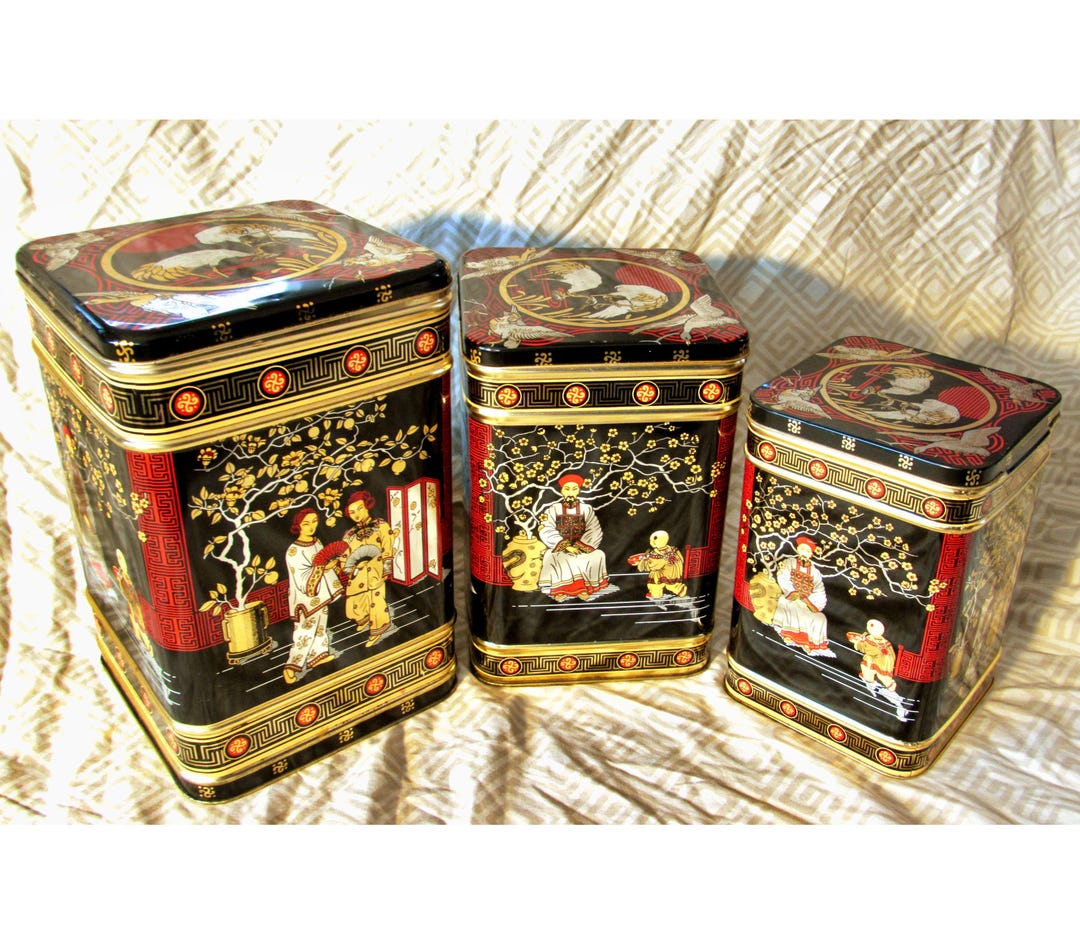 Spectacular Vintage Nesting Asian Chinoiserie Tea Tin Set of 3 Fredrick ...