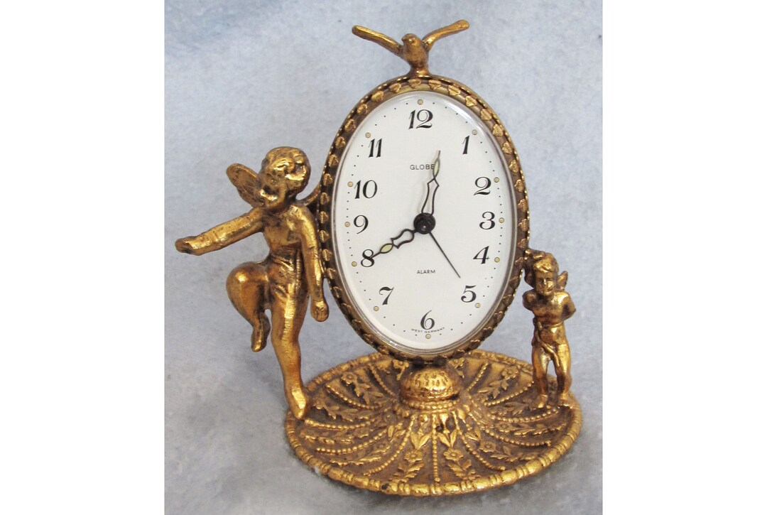 RARE Brass Globe Oval Alarm Clock, Wind Up, Cherub, Bird, Glow in the ...