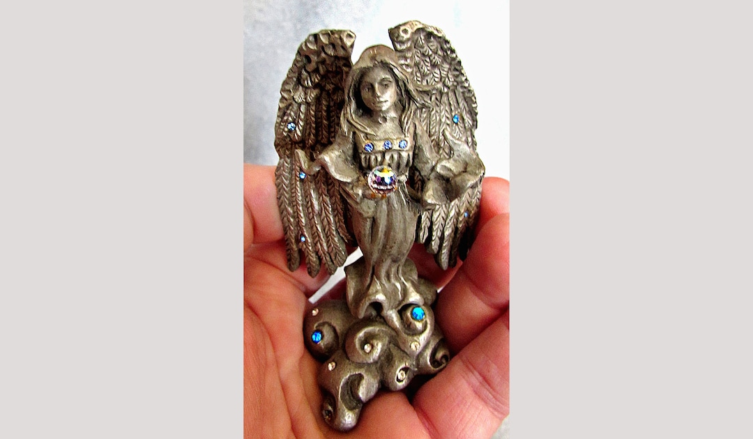 Pewter Angel Figurine Holding Crystal Globe, Rhinestone Gems, 3.5 ...
