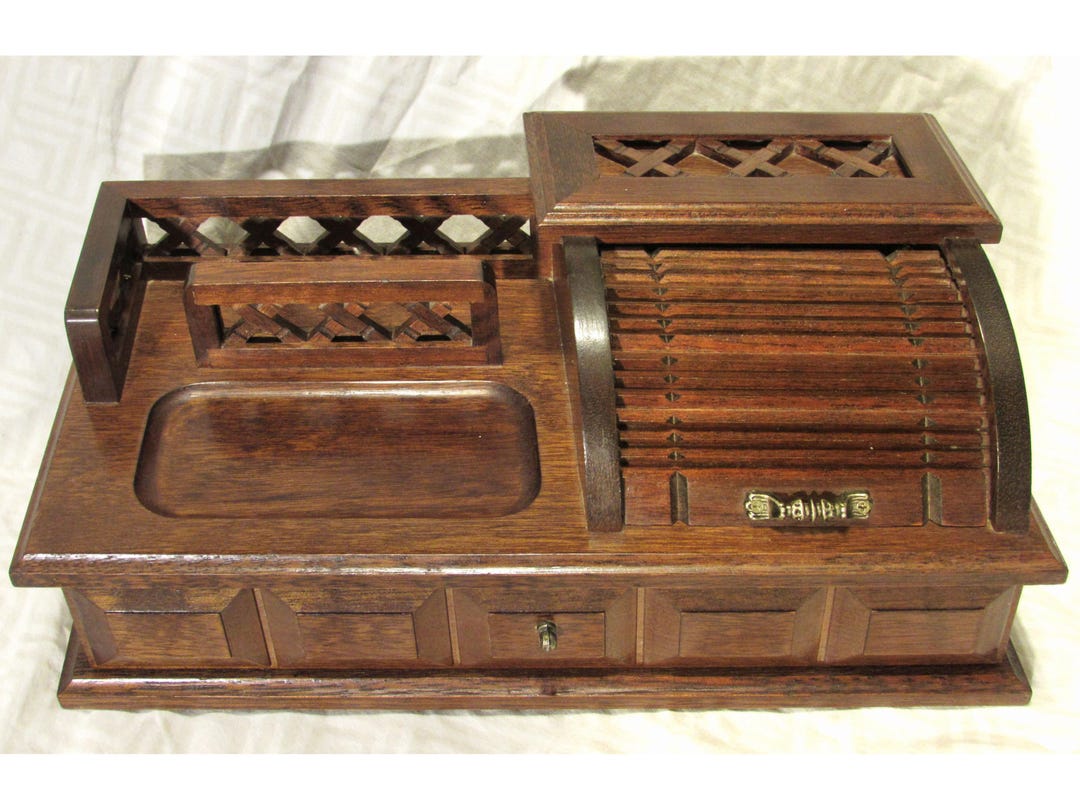 Vintage Wood Desk Organizer Valet Men's Jewelry Box Roll Top ...