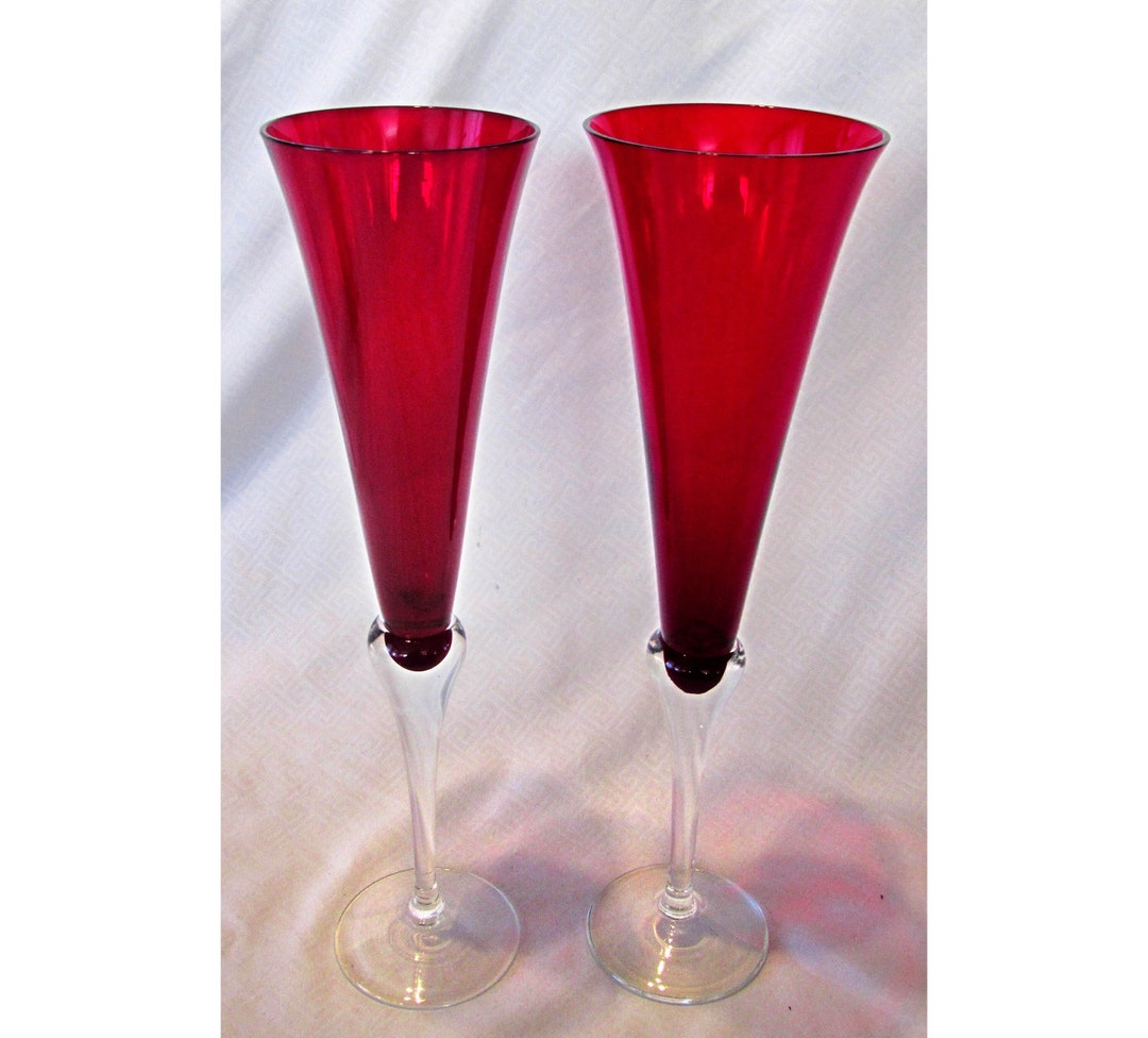2 Vintage Ruby Bohemian Crystal Champagne Flutes, Hand Blown, Tall ...