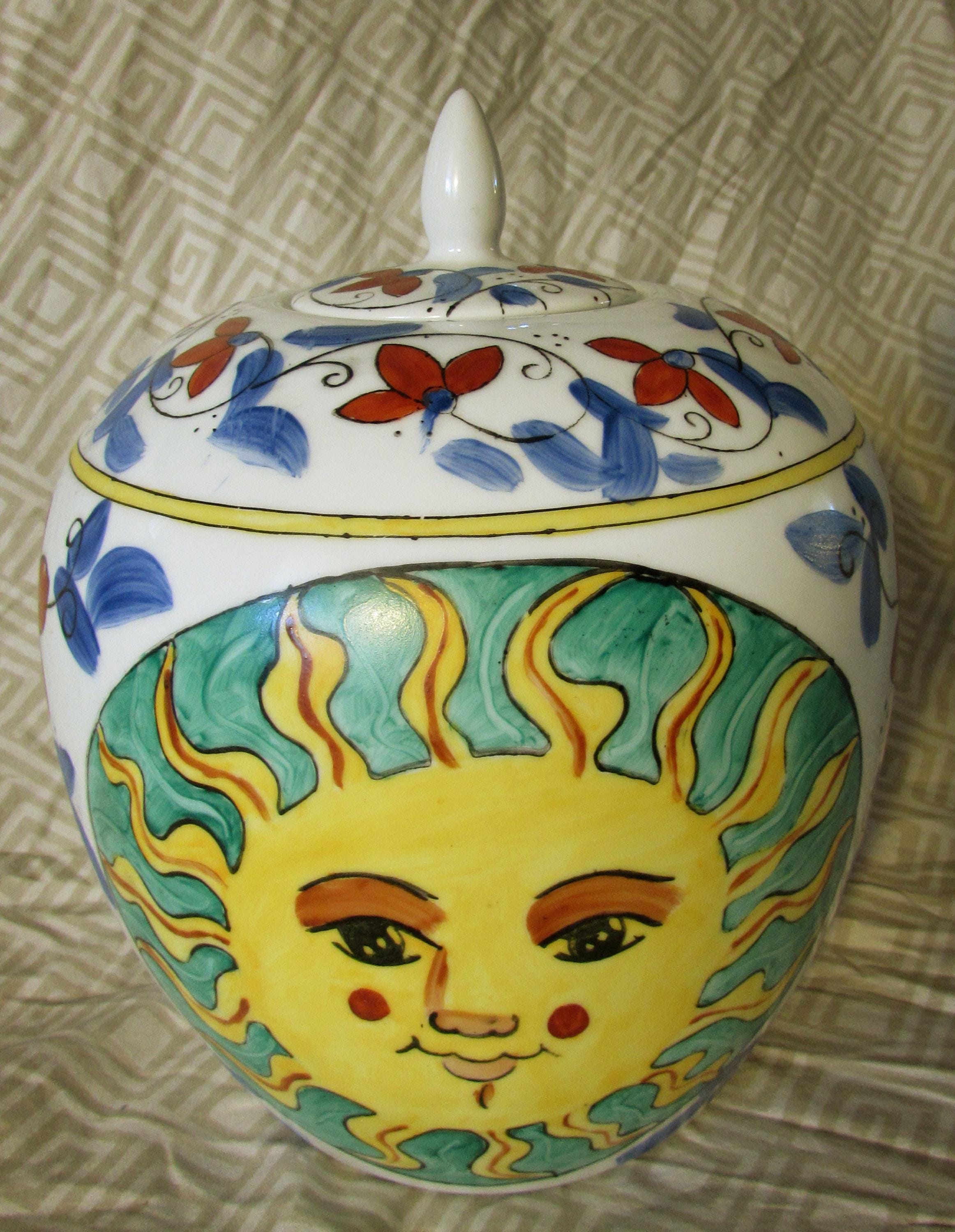 Chinese WBI Sunburst Ginger Jar Hand Painted Sun Face and Flowers With ...