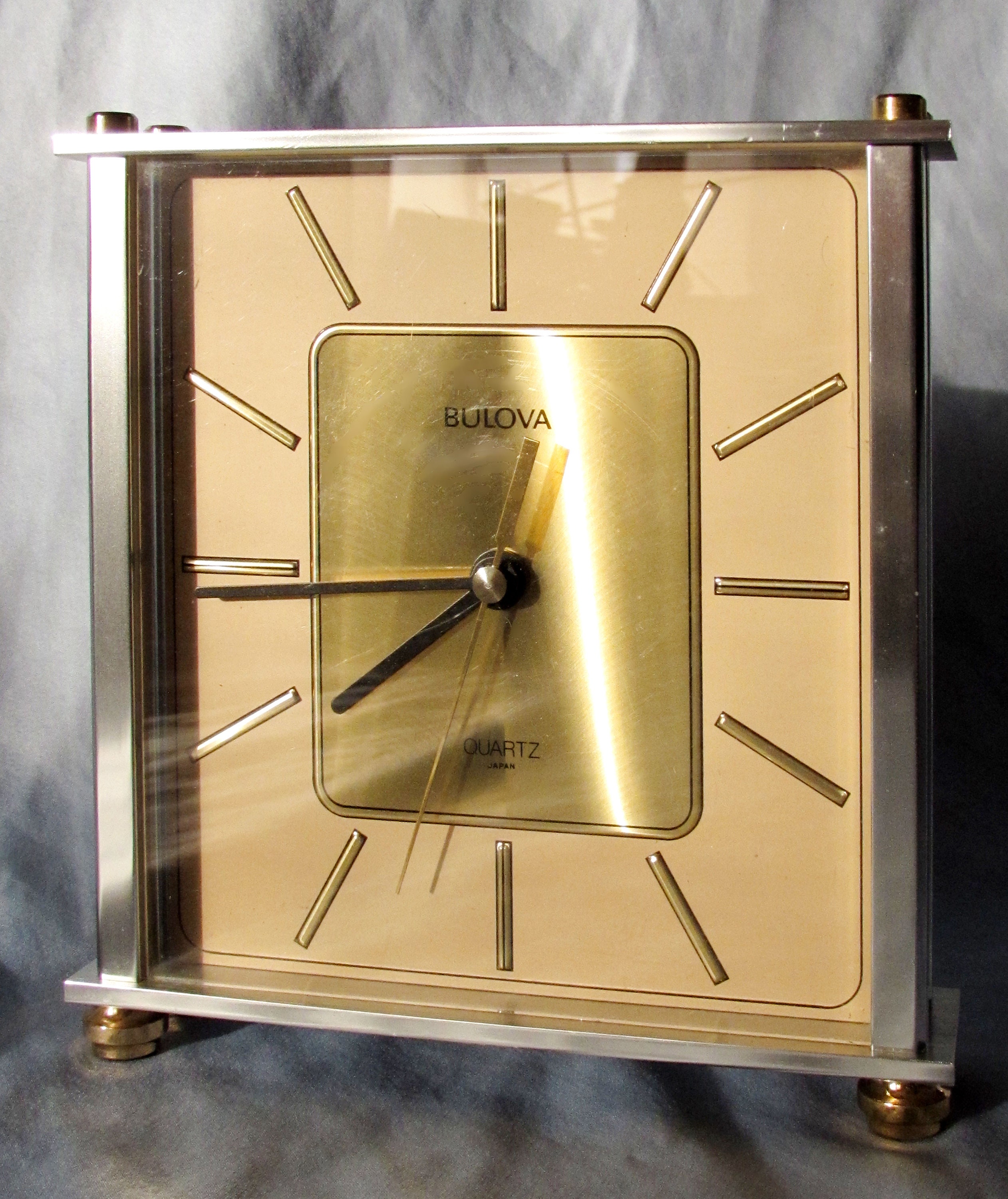 Vtg Elegant Bulova Quartz Mantle Clock, Silver Finish Metal Case Brass ...